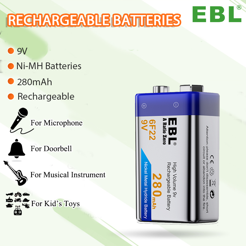 EBL 280mAh 9V Rechargeable Ni-MH Batteries / 9 Volt Battery For Musical ...
