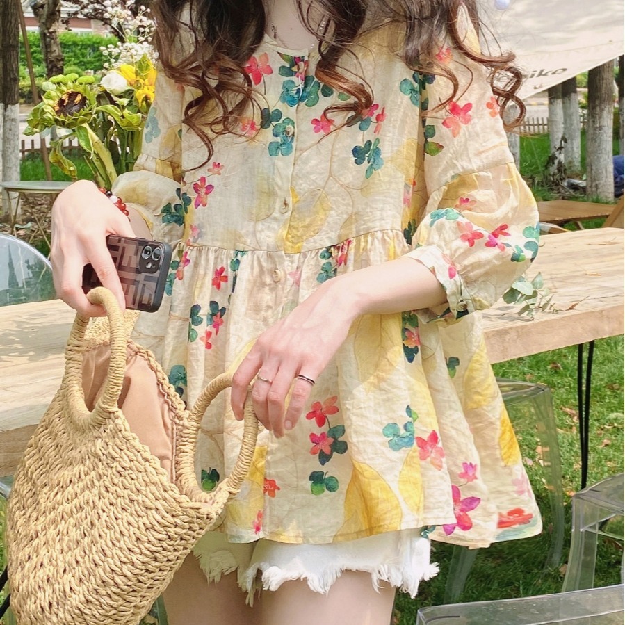 Women Long Sleeve Loose Plus Size Blouse Fashion Shirts Korean Style Bubble sleeves flower ...