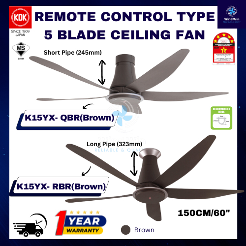KDK K15YX-QBR / K15YX-RBR 60" [Short/Long Pipe 5 Blades Ceiling Fan ...