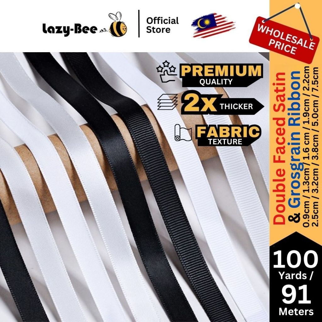 LAZY BEE Black White 100 yard Premium Double Face Satin Ribbon Bow ...