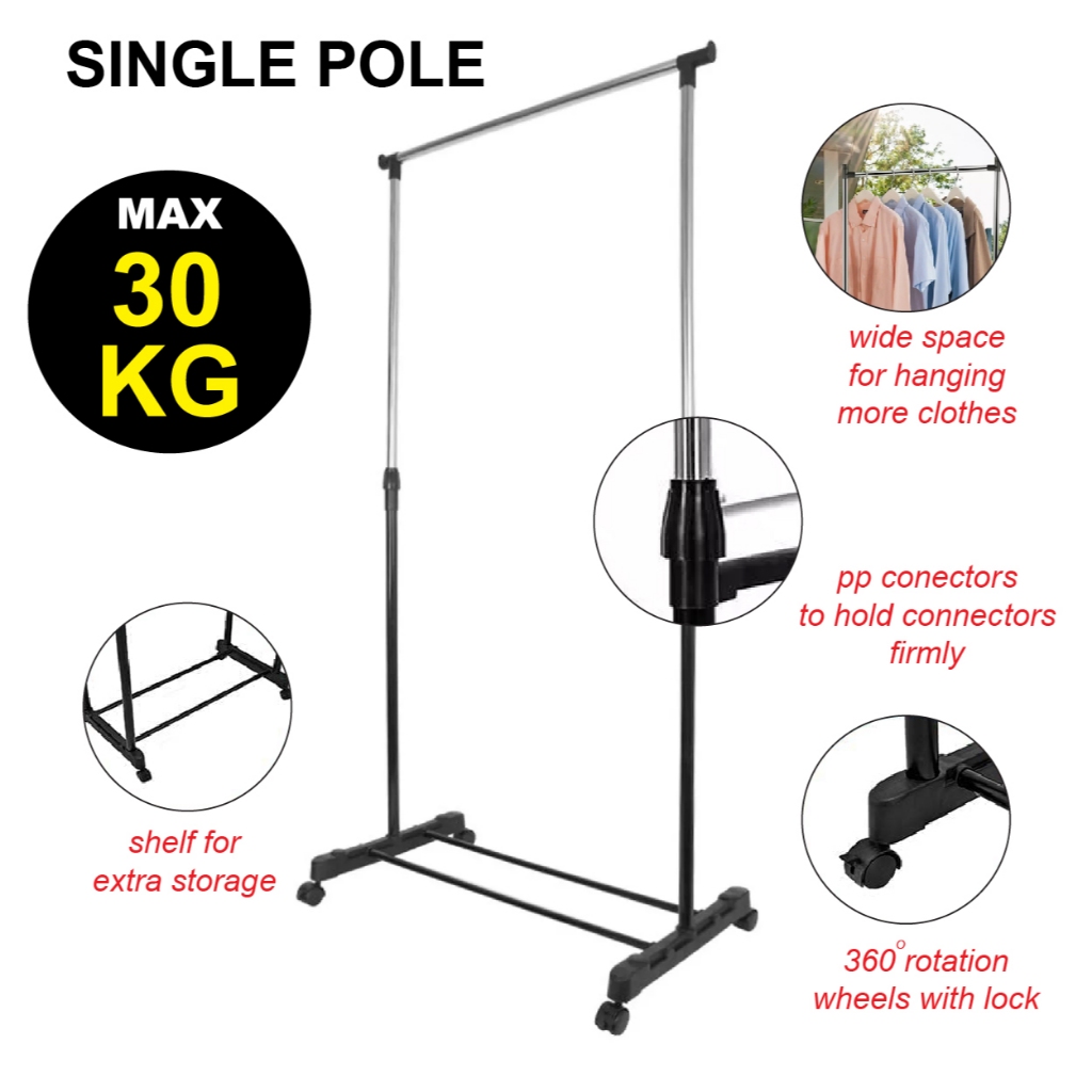 Adjustable Single Double Pole Clothes Rack Garment Hanging Rail Wheels ...