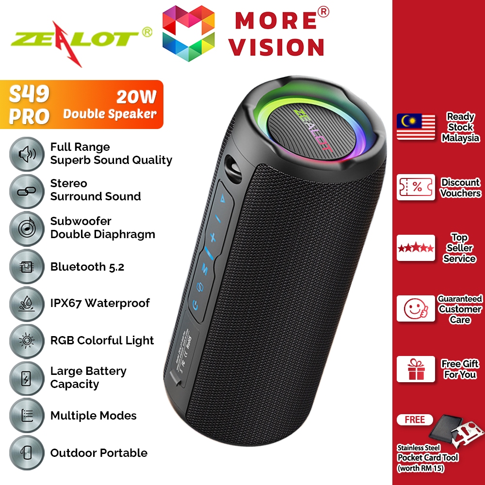 ZEALOT S49 PRO Portable Bluetooth Speaker Stereo Sound Waterproof 20W Wireless TWS 5.2 Strong ...