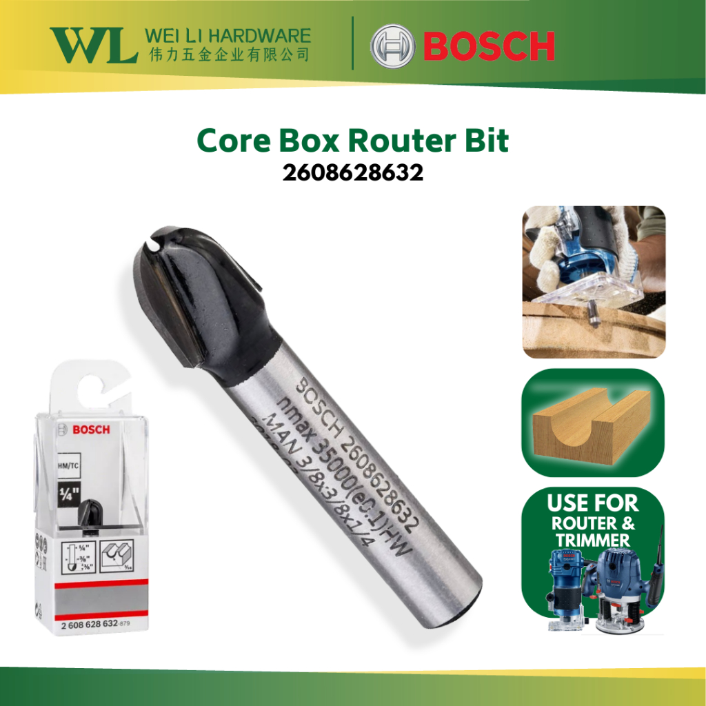 BOSCH 1/4" Core Box Bit For Radiused Grooves 2608628632/ Router bit ...