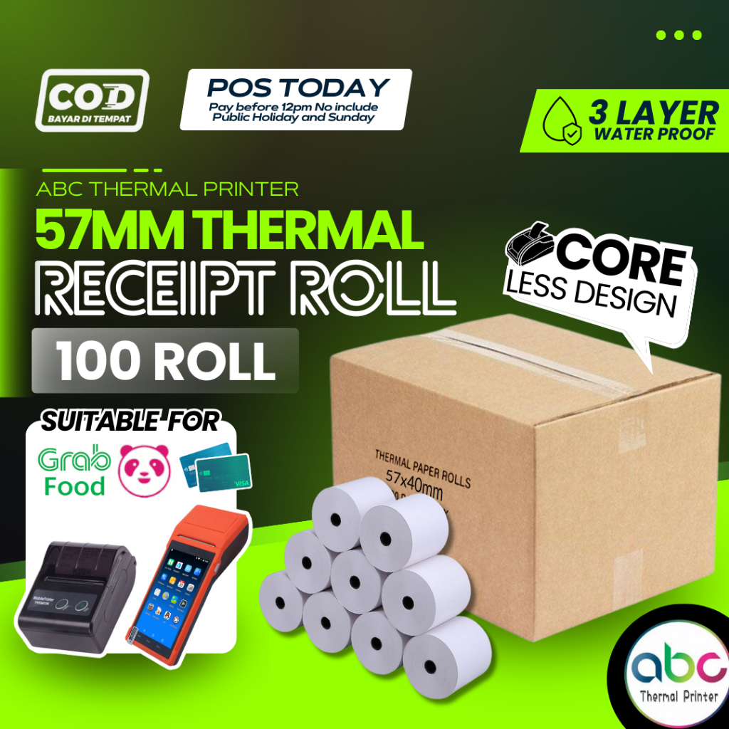 【100 Rolls】57*40mm Thermal Receipt Paper Roll / Kertas Resit / Kertas ...