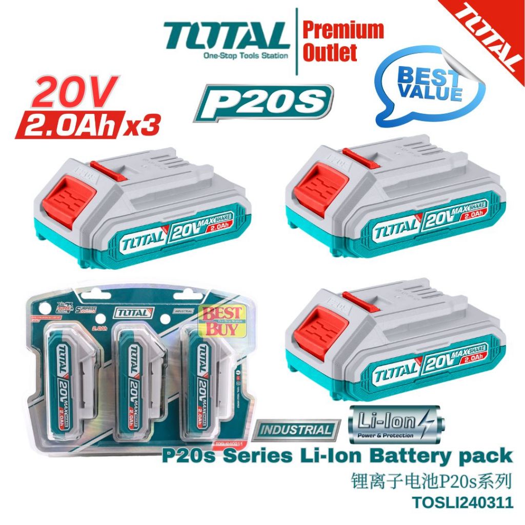 TOTAL Tools P20s 20V series Li-ion Battery 2.0Ah 3 Pcs value COMBO pack ...
