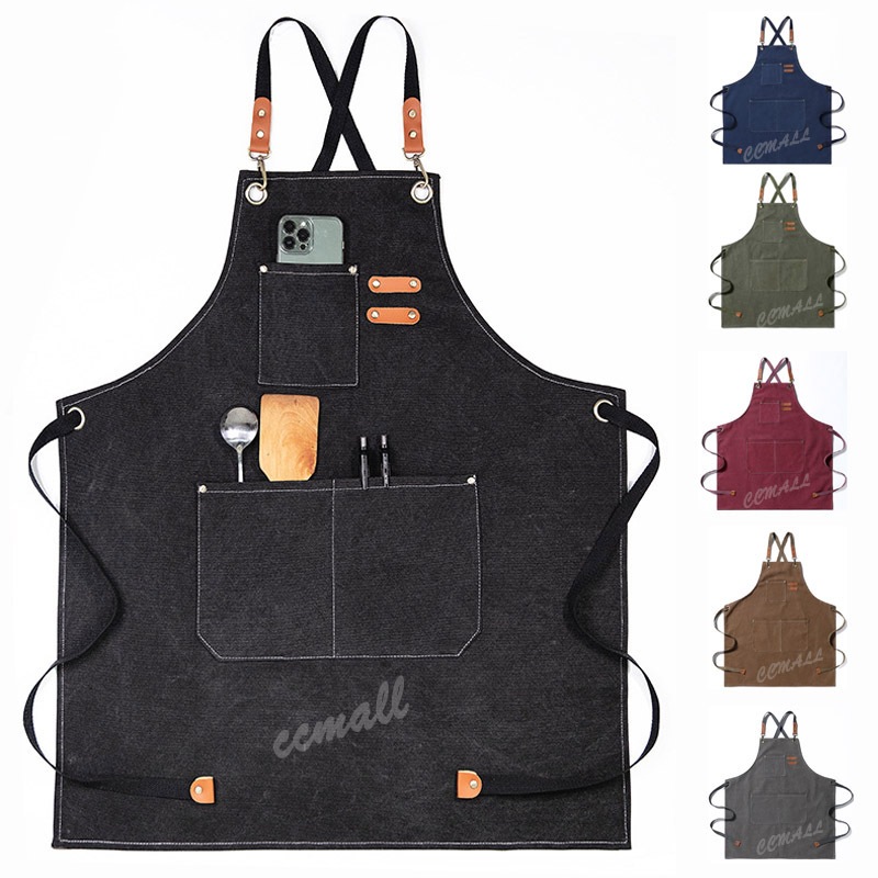 Thickened Canvas Apron Kitchen Halter Neck Apron Water Proof Oil Proof ...