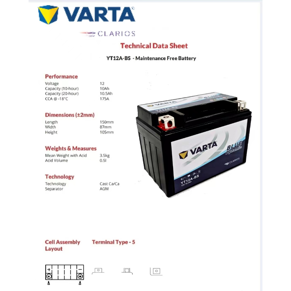 YTX12A-BS YT12A BATTERY ER6 SYM T2 / KAWASAKI Z1000 / NINJA 650 / DUKE ...