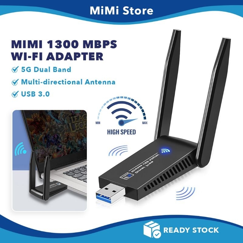 MiMi 1300Mbps Wifi Adapter Wifi Dongle Antenna Wireless Long Range Dual ...