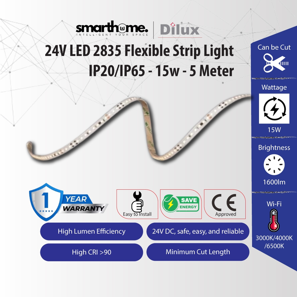 DILUX LED Strip Light 2835 15W 24V DC IP20 IP65 1meter/5meter 3000K ...