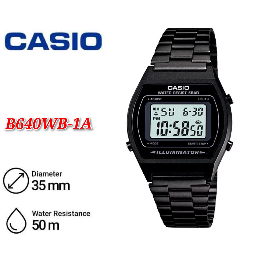 Casio VINTAGE B640WB-1A Unisex Digital Classic Black Stainless Steel Strap Original Casual Watch ...