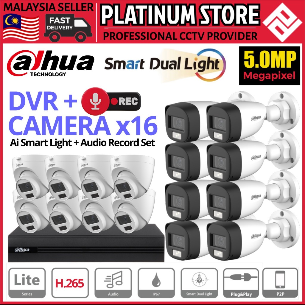 DAHUA 16CH 5.0MP AI DUAL SMART LIGHT NIGHT VIEW CHANNEL DVR + 16 CAMERA ...