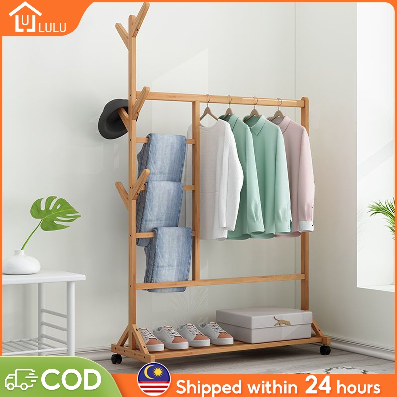 LULU Bamboo Clothes Rack Rak Baju With Wheels Hat Coat Rack Clothes ...
