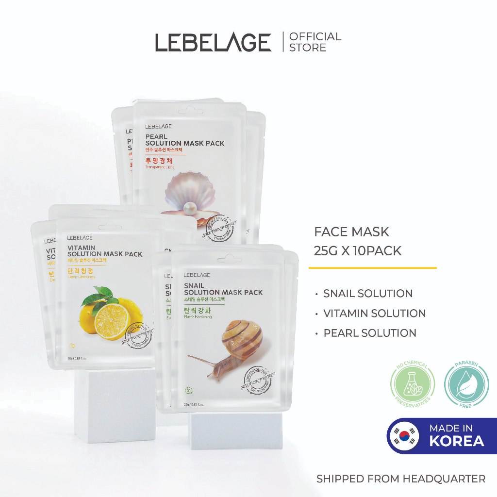 LEBELAGE Solution Face Mask - Pearl/Snail/Vitamin (1 Box/10 Sheets ...