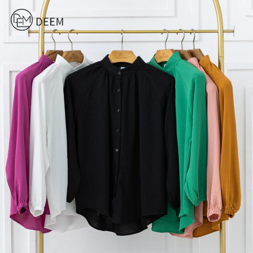 DEEM Shirt Kemeja Wanita Solid Color Long Sleeve Plain Loose Muslimah ...