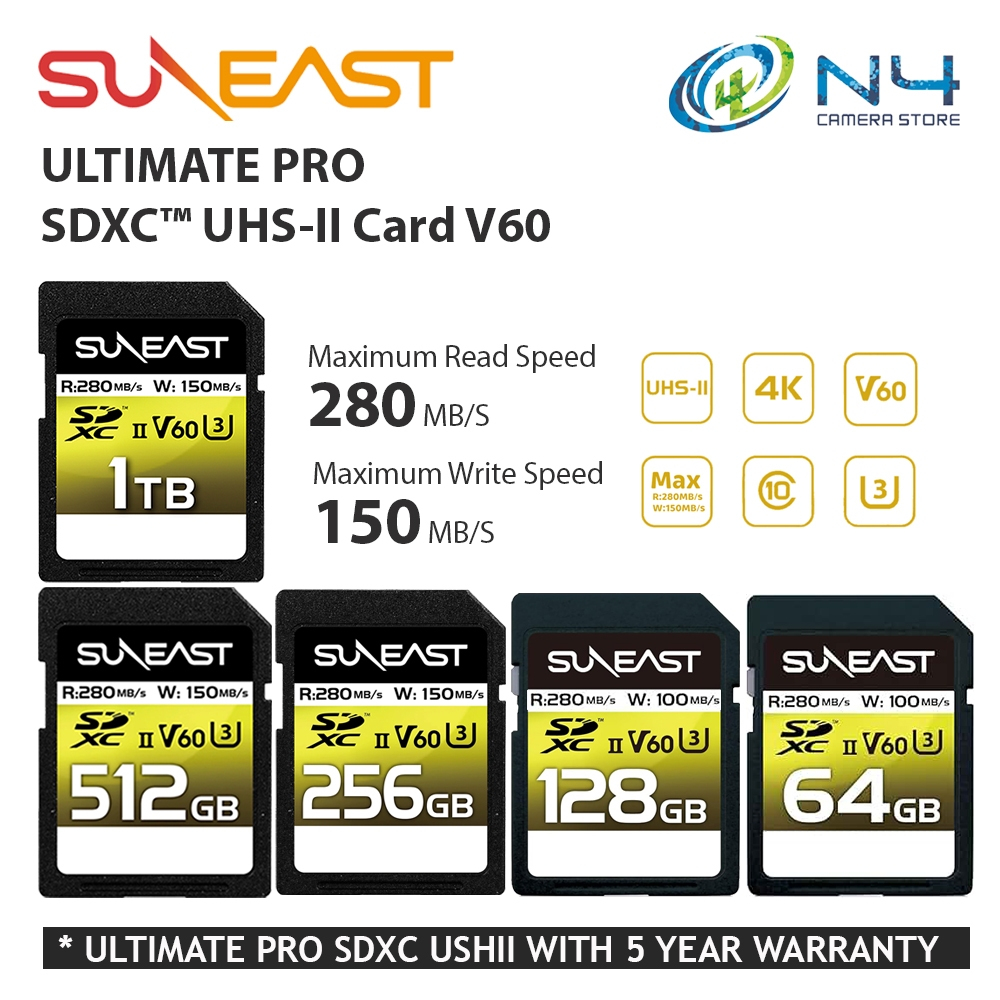 SUNEAST SDXC Card [V60] UHS-II Max R 280MB/s U3 4K UHD ULTIMATE PRO 64GB / 128GB / 256GB / 512GB ...