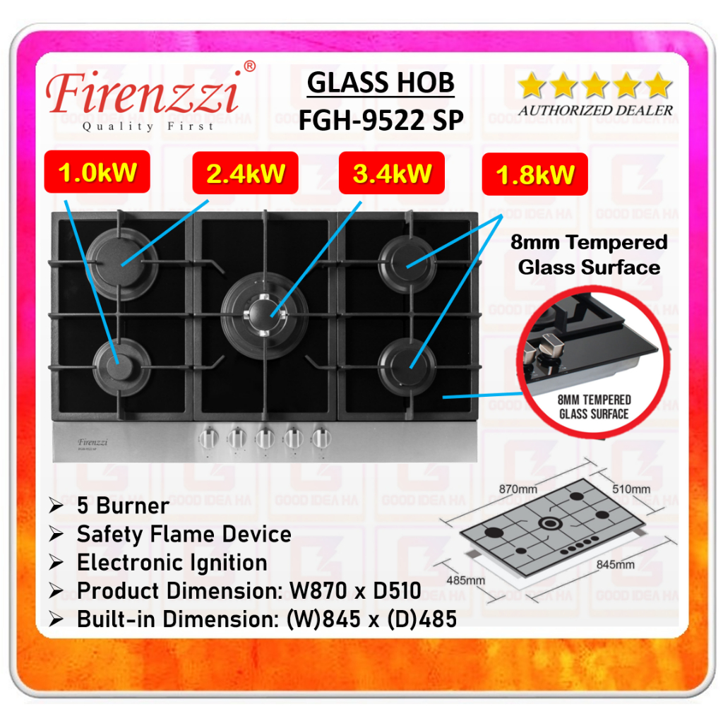 FIRENZZI 5 Burners Built In Gas Hob with Safety Device FGH-9522 SP ...
