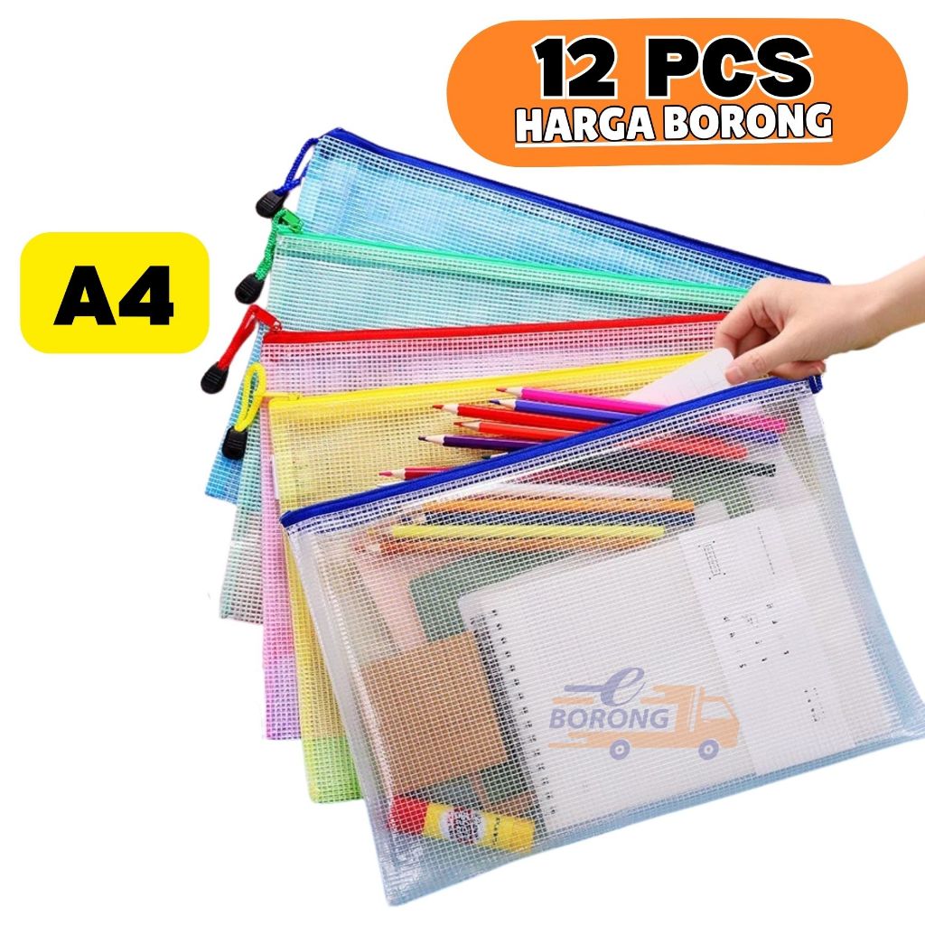 BORONG【12pcs】A4 Zipper File Mesh Folder Thick Tebal Office Document ...