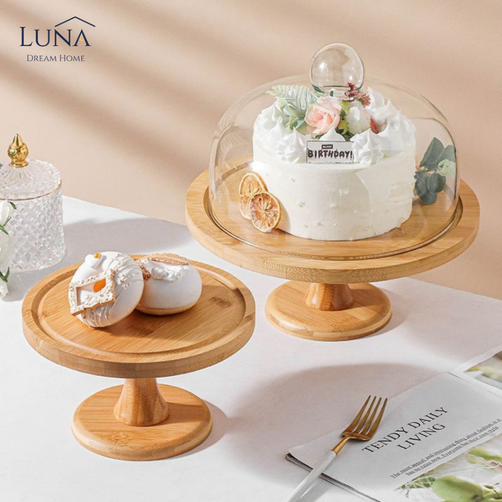 LUNA [Modern Cake Stand] Wooden Base Glass Dome Cover Wedding Birthday ...
