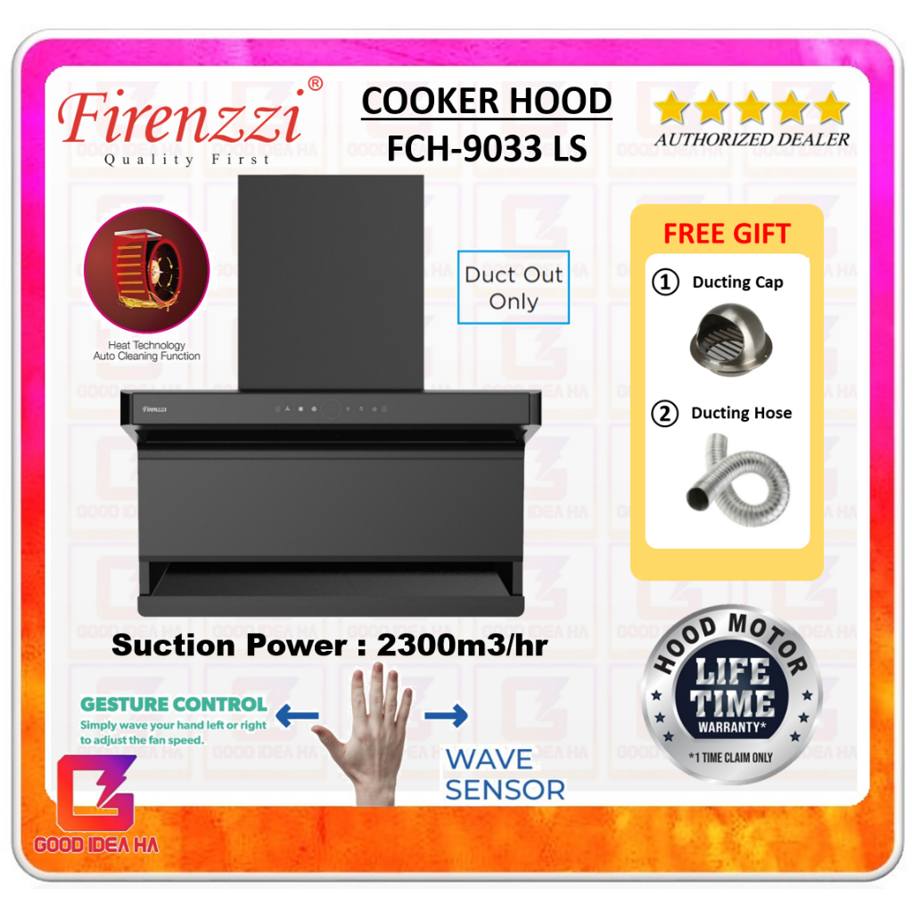 【FREE CAP + DUCTING HOSE】FIRENZZI FCH-9033LS Cooker Hood 2300 m³/hr ...