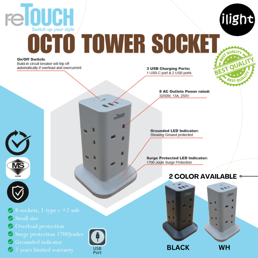 ReTouch Octo Tower Socket w/ Surge & Overload Protection Extension ...