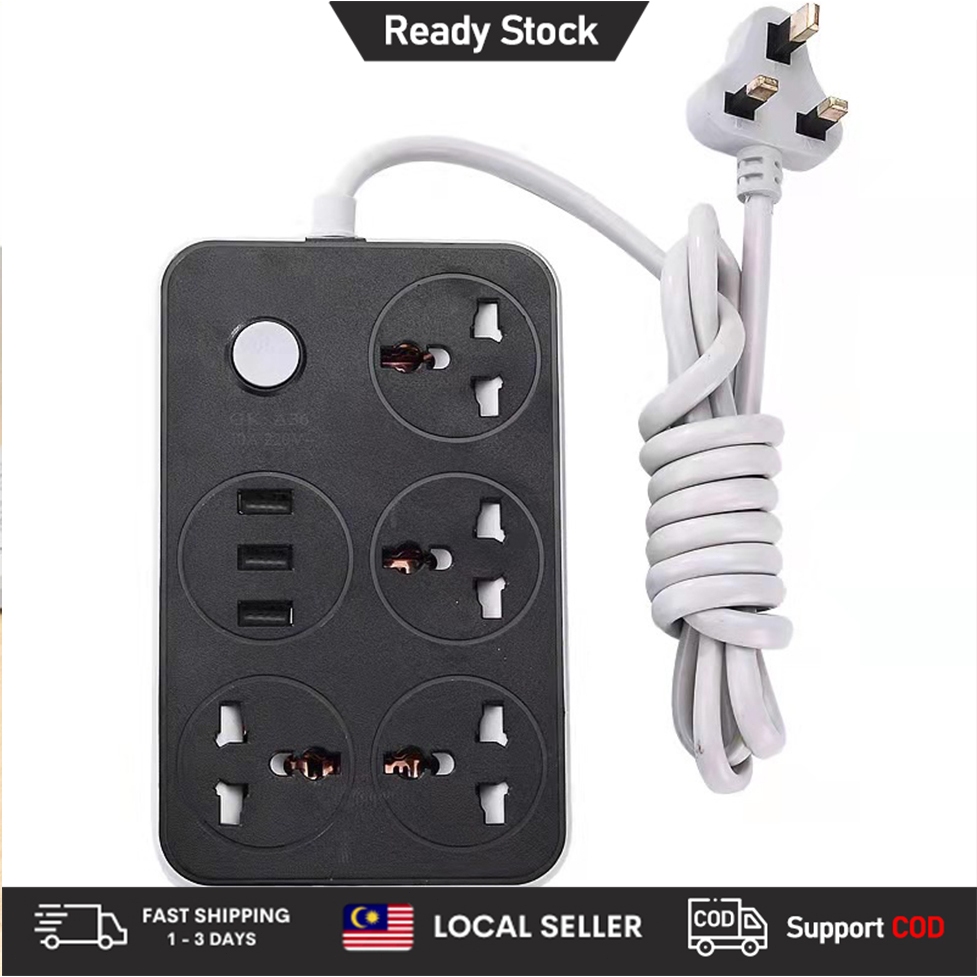 6 USB Port 3 Universal Power Strip Extension Plug Socket Electric ...