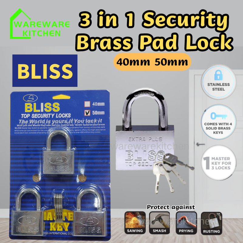 BLISS 3in1 Heavy Duty Brass Safety Lock High Security Padlock Lock Key ...
