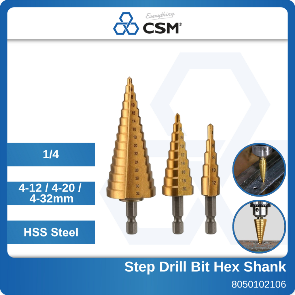 CSM HSS Step Drill Bit 1/4" Hex Shank Titanium Coated Steel Hole Drill ...