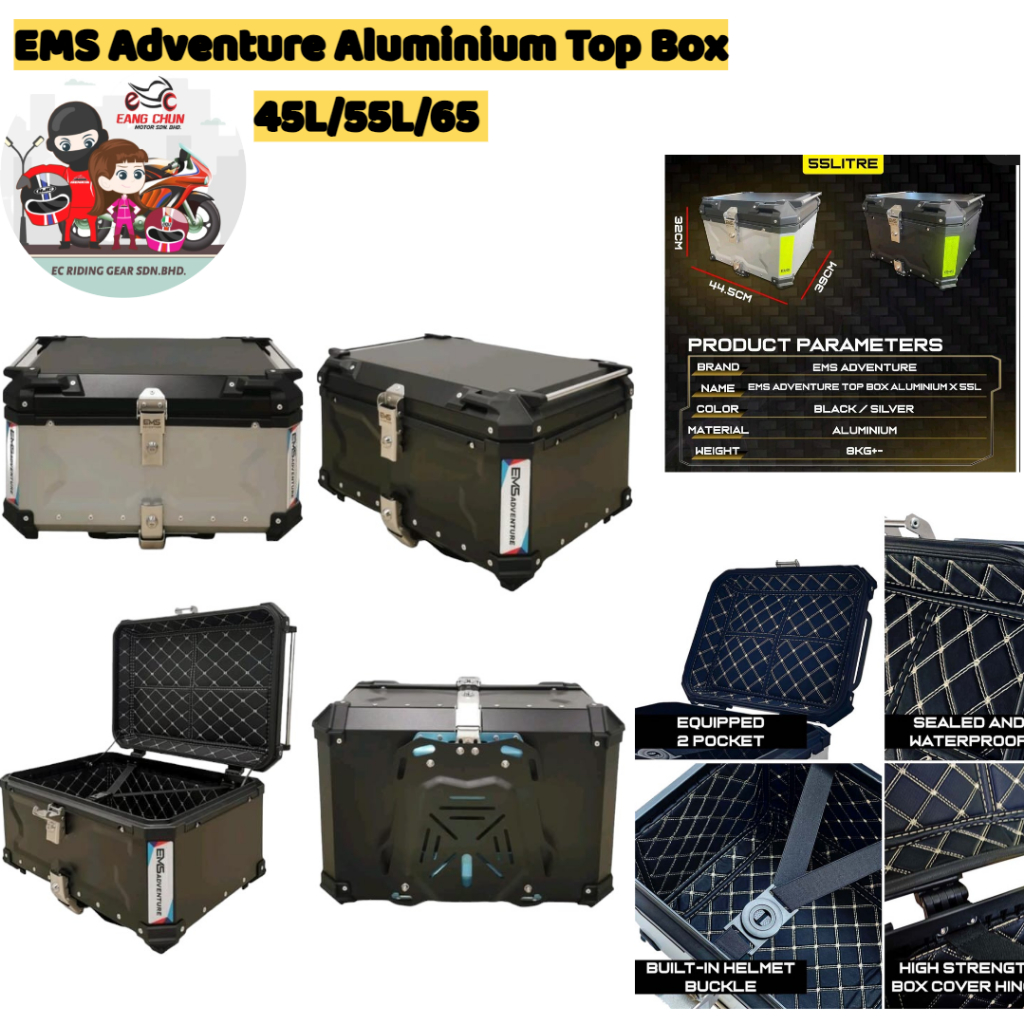 EMS ADVENTURE TOP BOX ALUMINIUM TBX UNIVERSAL 45L/55L /65L SILVER OR BLACK | Shopee Malaysia