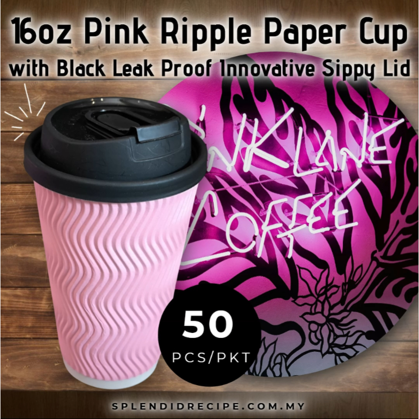 16oz Pink Ripple Paper Cup With Double Hole Ear Loop Lid ( 50 pcs ...