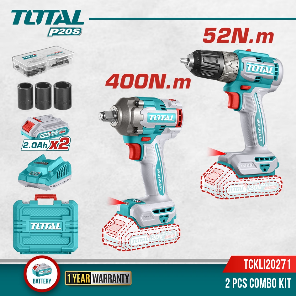 TOTAL Li-ion Cordless Combo Kit With Brushless Impact Wrench & Drill (20V) + Battery (2 Pcs ...
