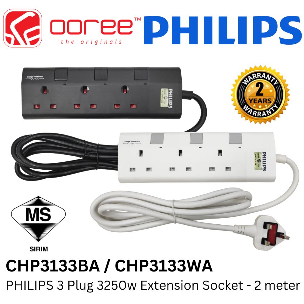 PHILIPS 3 CHARGER PORTS HEAVY DUTY UK PIN PLUG EXTENSION SOCKET WITH ...
