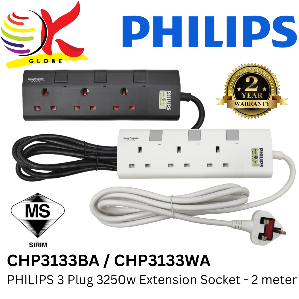 PHILIPS 3 CHARGER PORTS HEAVY DUTY UK PIN PLUG EXTENSION SOCKET WITH ...