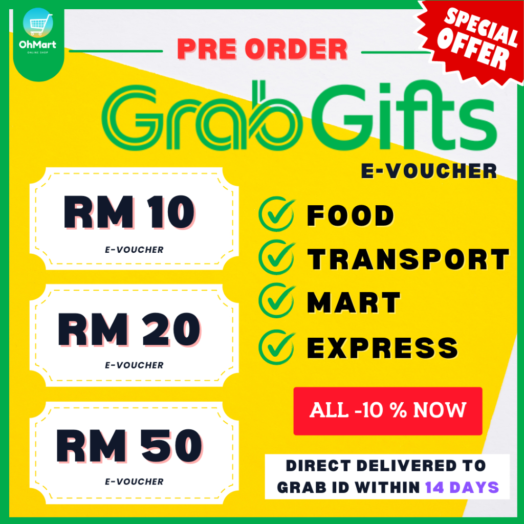 [Pre-Order] Grab Gift Voucher - RM10/RM20/RM50 [GrabFood/Mart/Transport ...