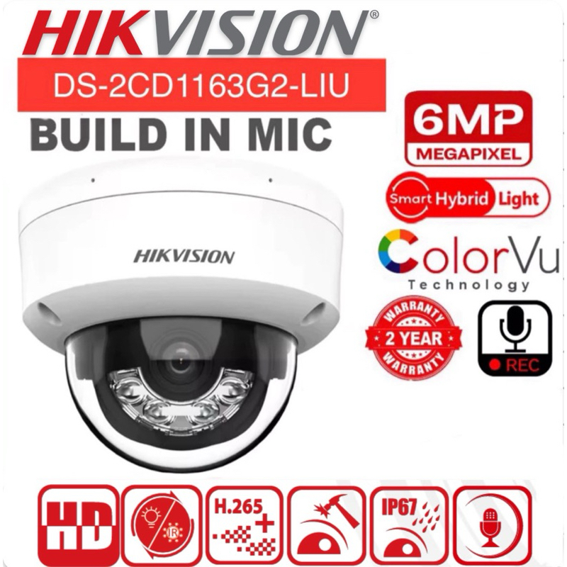 HIKVISION CCTV DS-2CD1163G2-LIU 6MP Smart Hybrid Light Fixed Dome Network Camera.(2.8MM ...