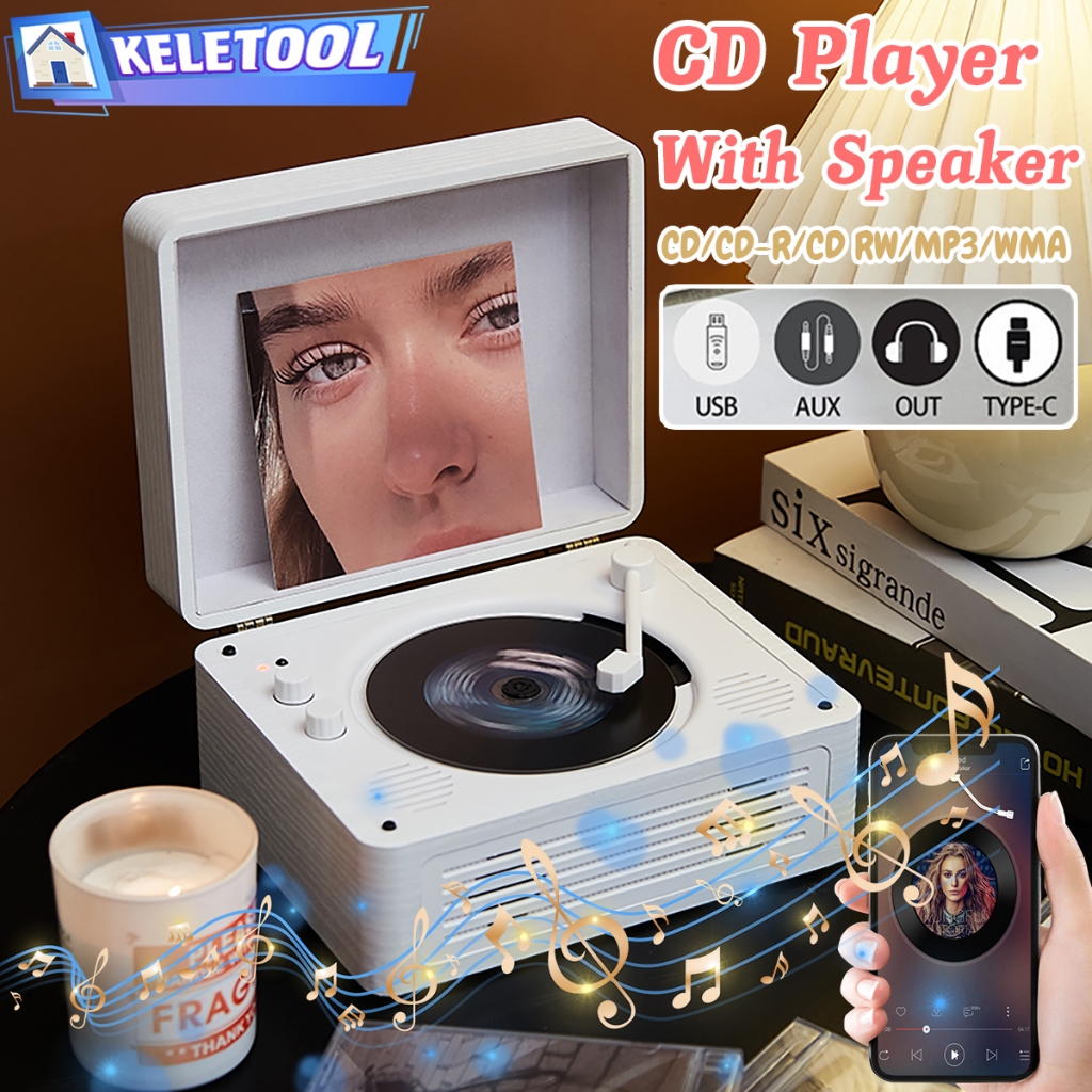 Retro CD Player Portable Bluetooth Audio Speaker Wireless Stereo USB ...