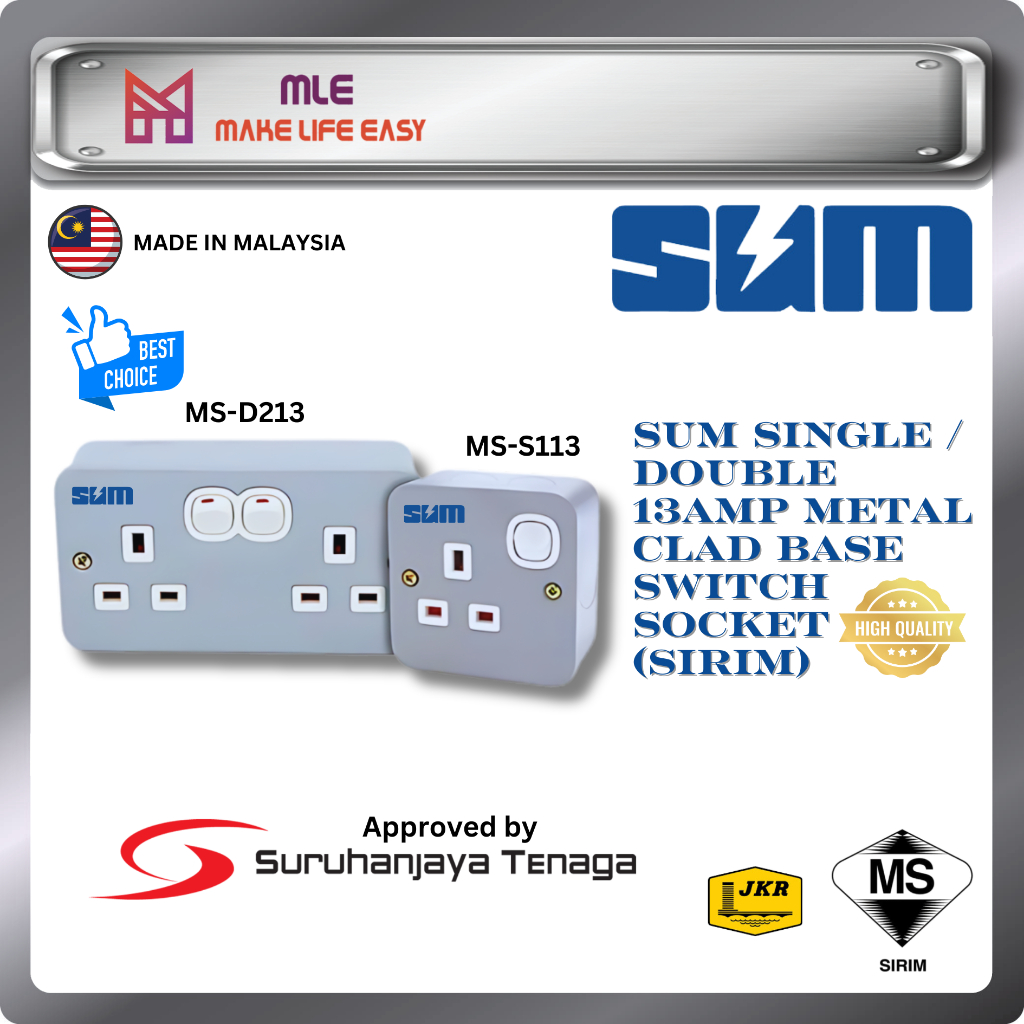 SUM Single / Double 13Amp Metal Clad Base Switch Socket (SIRIM) (MS-S113 / MS-D213) | Shopee ...