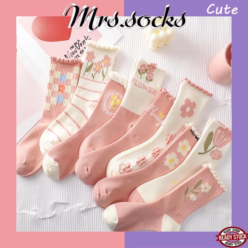 Mrs.socks Flower Pink Corak Ins Cute Sock Long Socks Women Stokin ...