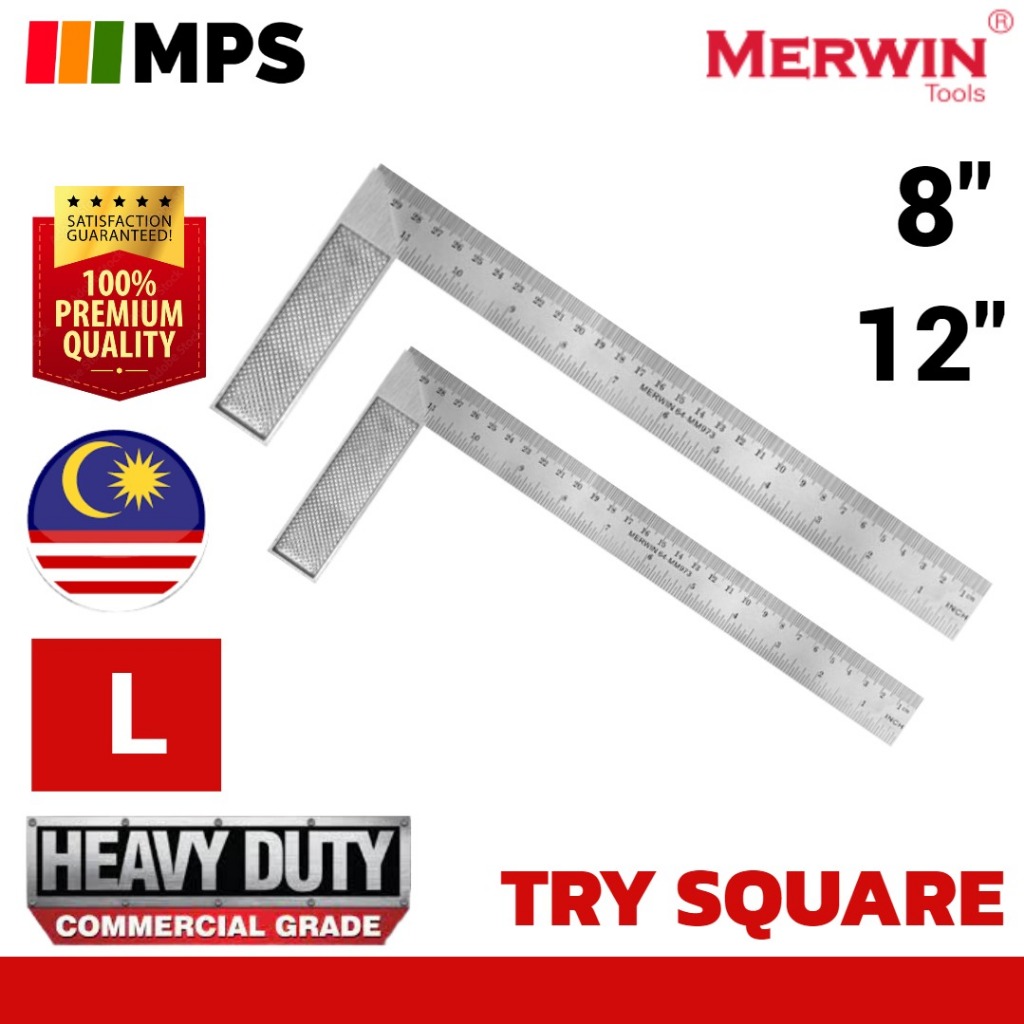 Merwin Try Square 8" 12" HEAVY DUTY STEEL SQUARE L-RULER PEMBARIS ...