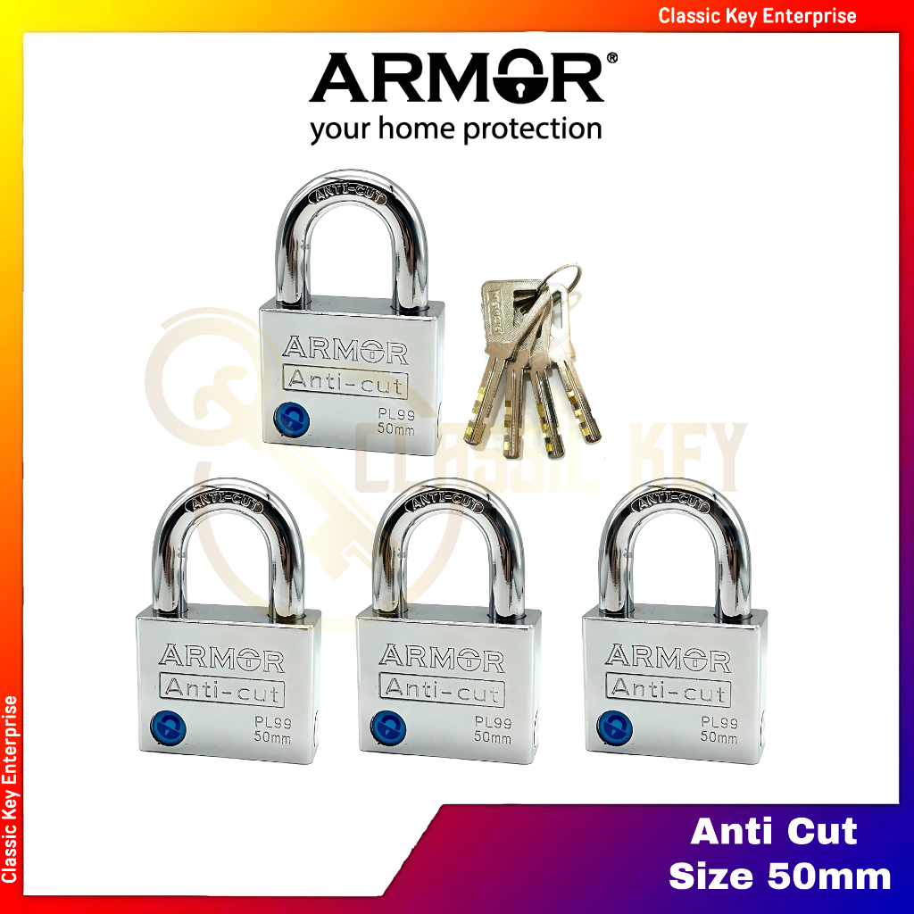 ARMOR Padlock Hardened Steel Body Anti Cut APL-99 (Size 50mm x 4pcs ...