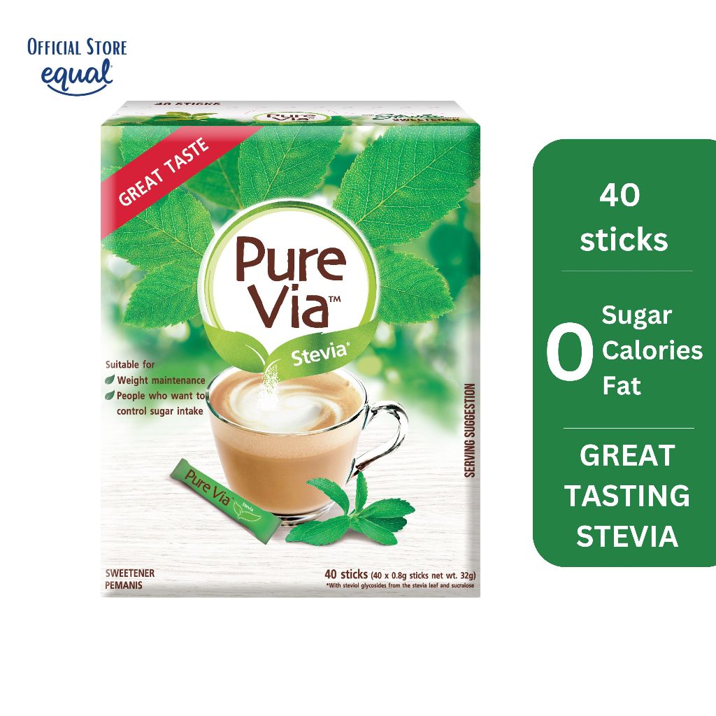 PURE VIA STEVIA 40 sticks, Zero Calorie Sweetener Stevia Leaf Extract ...