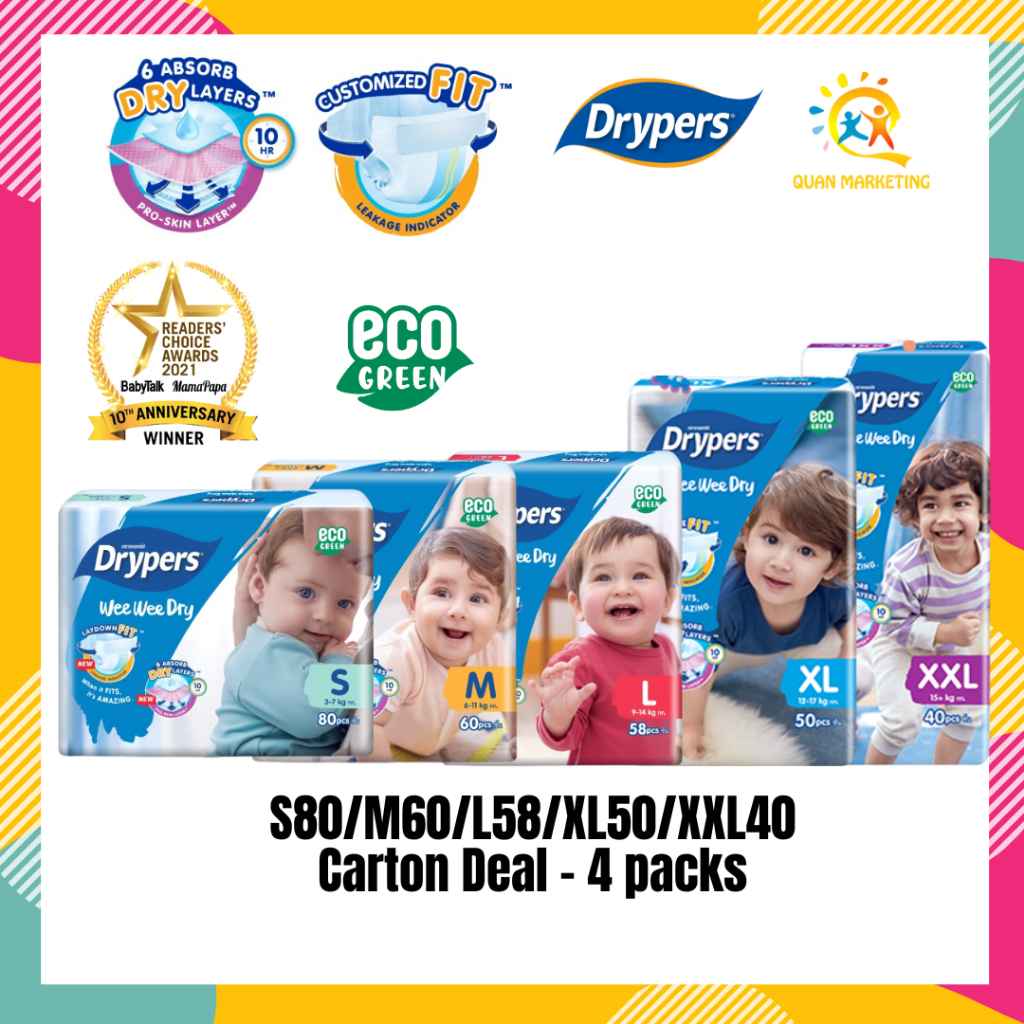 Drypers Wee Wee Dry Tape -S80/M60/L58/XL50/XXL40 (4 packs) | Shopee ...