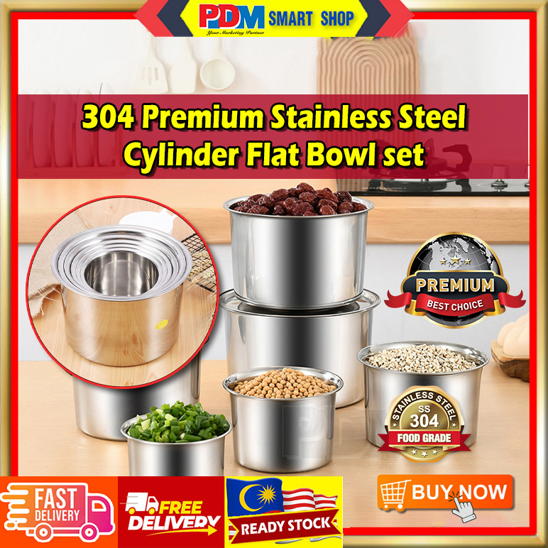 PDM Premium 304 Stainless Steel Cylinder Flat Bowl Set 5 pcs | Shopee ...