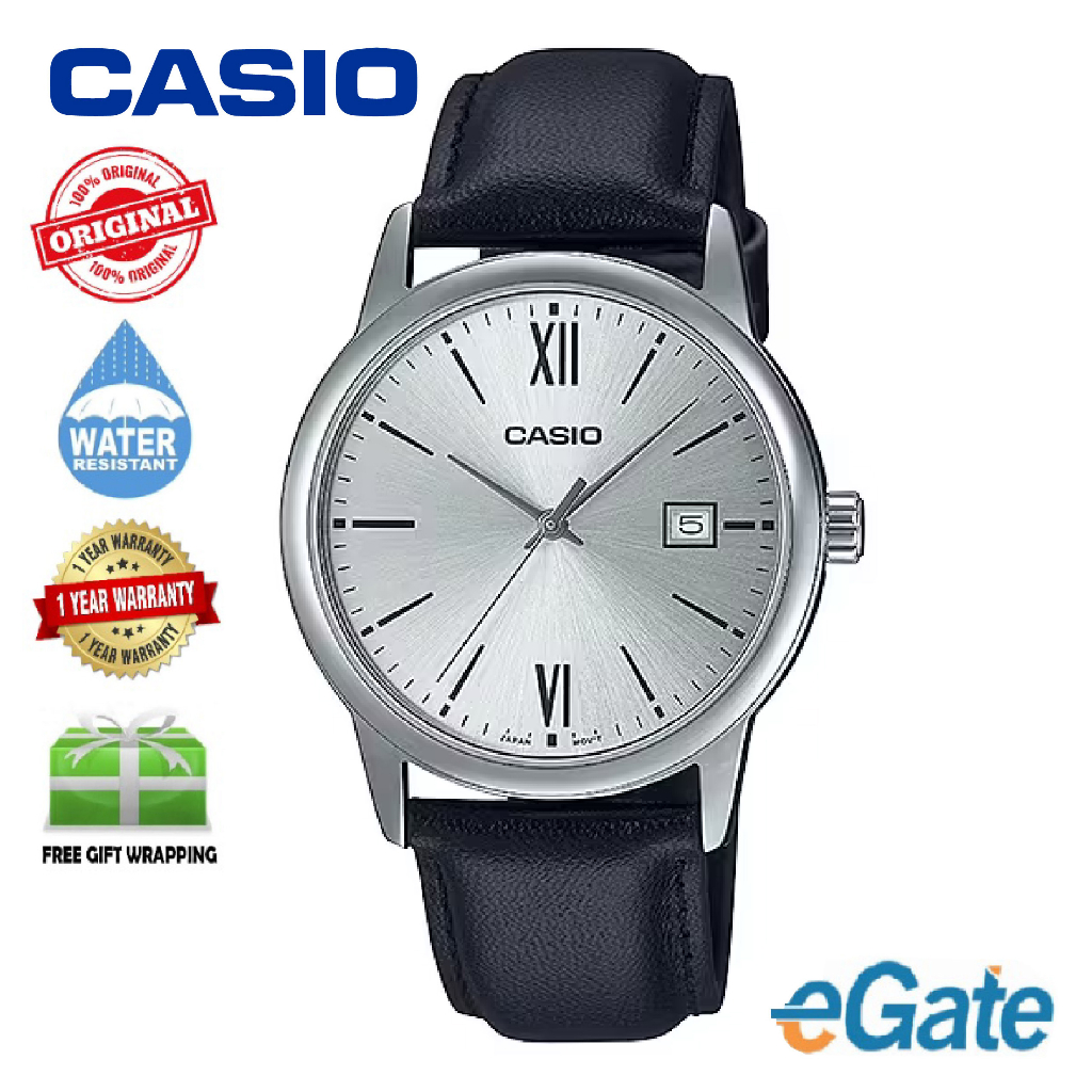 [100 Original] Casio Mtp V002l 7b3 Men Analog Date Functioning Leather Silver Dial Watch