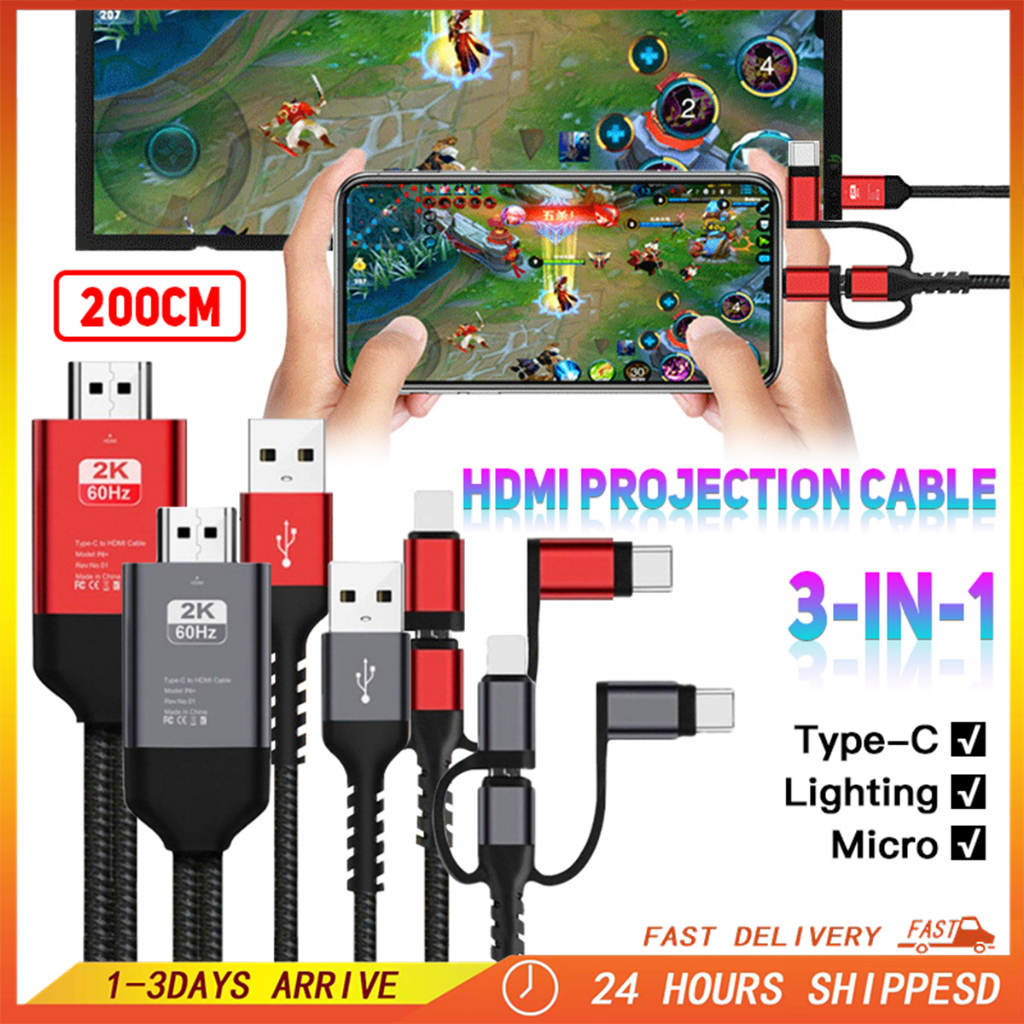 3in1 1080 HDTV 2M Mirascreen Cable Phone to TV HD USB to HDMI Cable ...