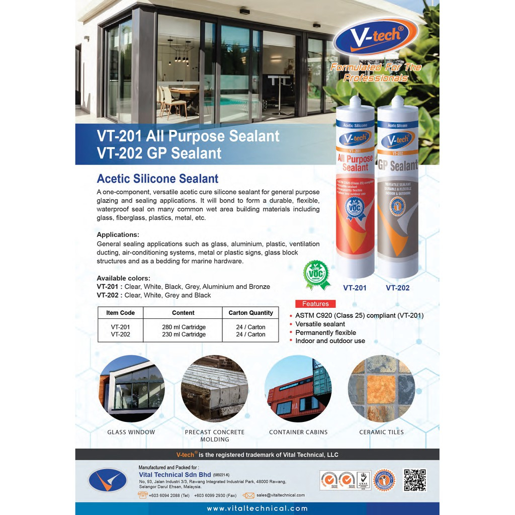 V-Tech Silicone Sealant & Adhesive Sealant / VT-226 / VT-230 / VT-240 ...