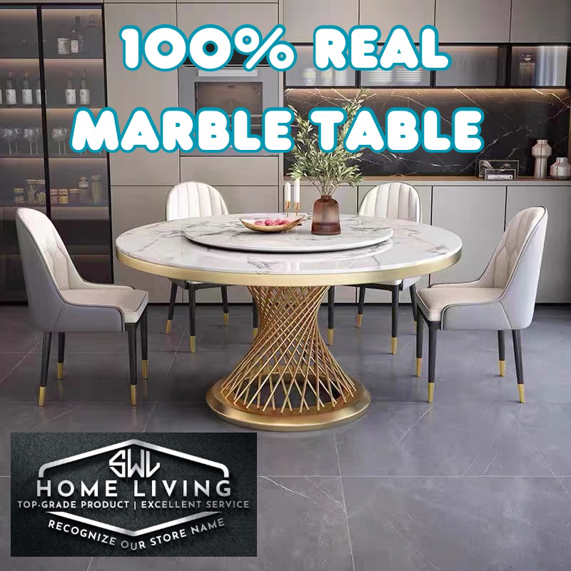 REAL MARBLE Round Marble Dining Table Chair Luxury Gold Stainless Steel ...