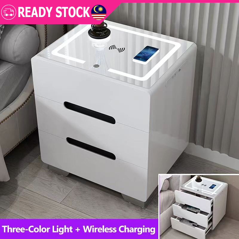Smart Side Table Drawer Solid Wood Multifunction with 3-Color Lamp ...