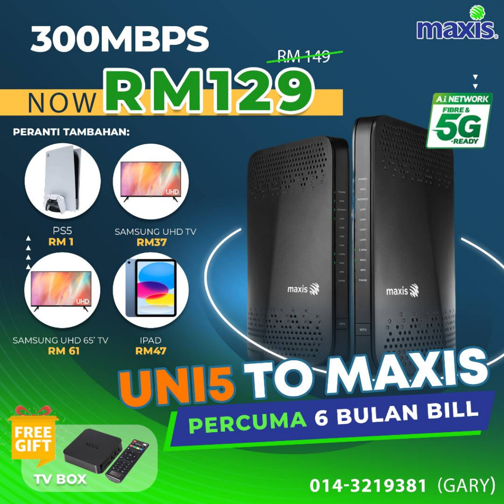 GTEC Free TV BOX Maxis Fibre Plan Free WIFI 6 Router 30 100 300 500 800 ...