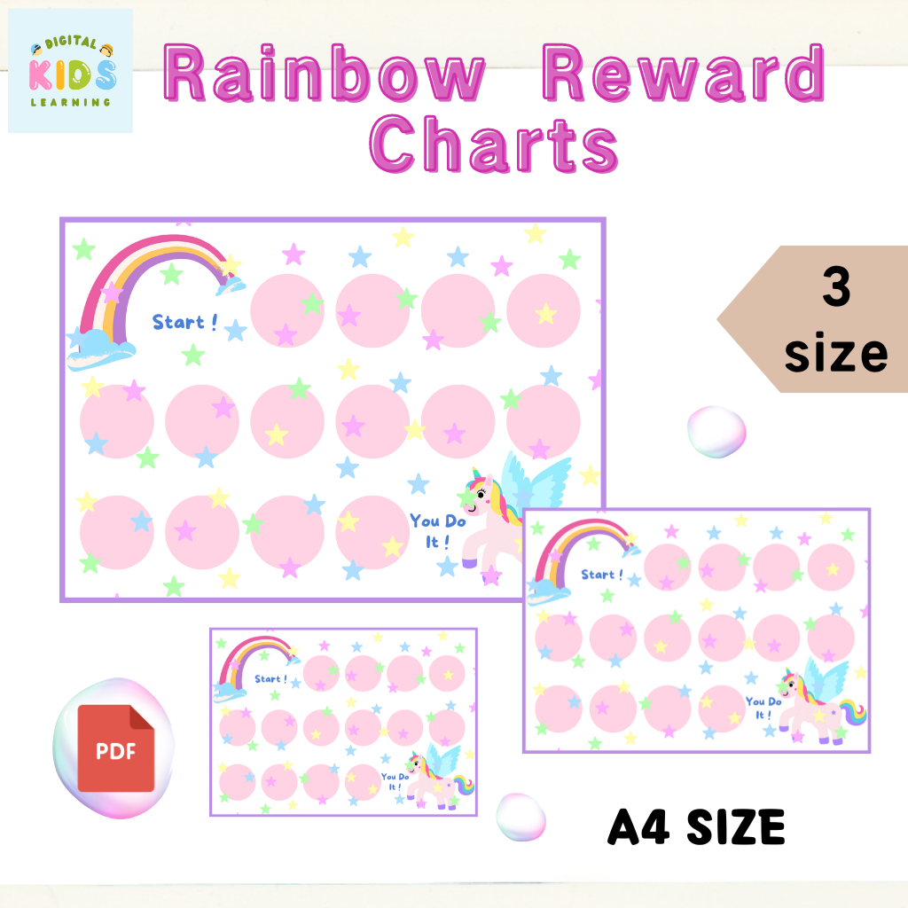 PDF Printable Rainbow unicorn Rewards chart for kids girls Kad Ganjaran ...