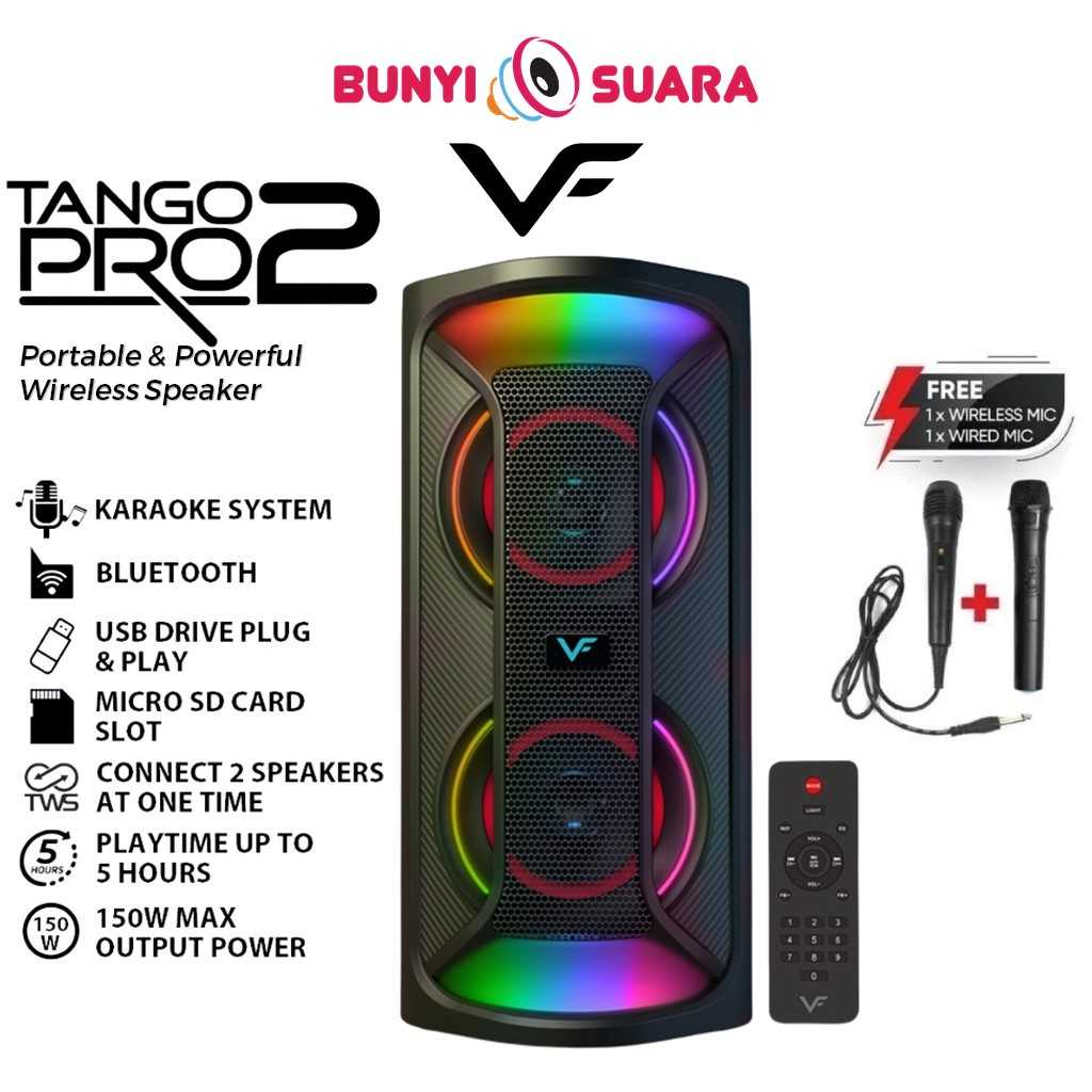 Vinnfier VF Tango Pro 2 Karaoke Potable Bluetooth Speaker 150W Max with 1 Wireless Microphone ...